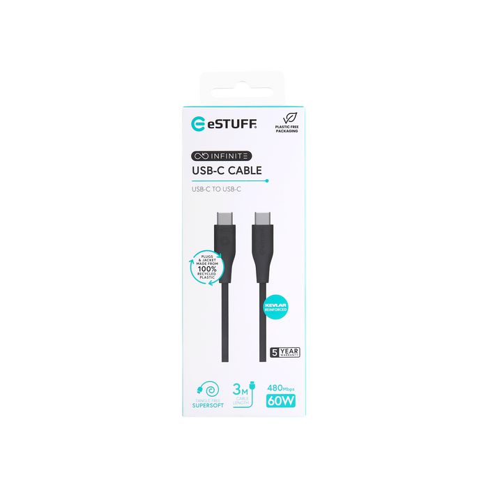 eSTUFF INFINITE (GRS) USB-C to USB-C Cable 3m Black. PVC Free Recycled ...